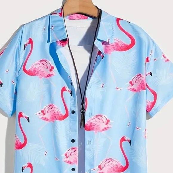 Shirts | Mens Colorful Blue Flamingo Print Hawaiian Shirt New | Poshmark